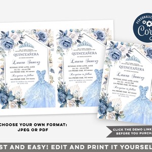 Editable Boho Dusty Blue Mis Quince Invitation, Dusty Blue Dress ...