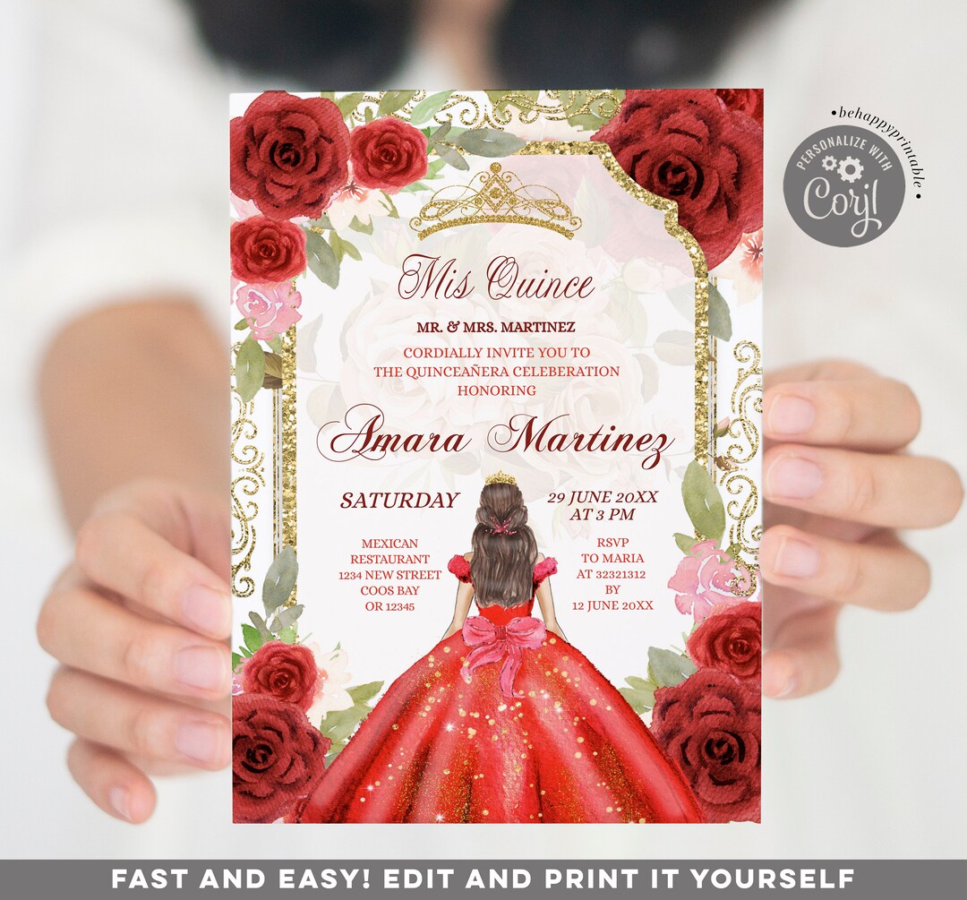 Editable Red Quiñceanera Invitation Red Dress and Roses - Etsy