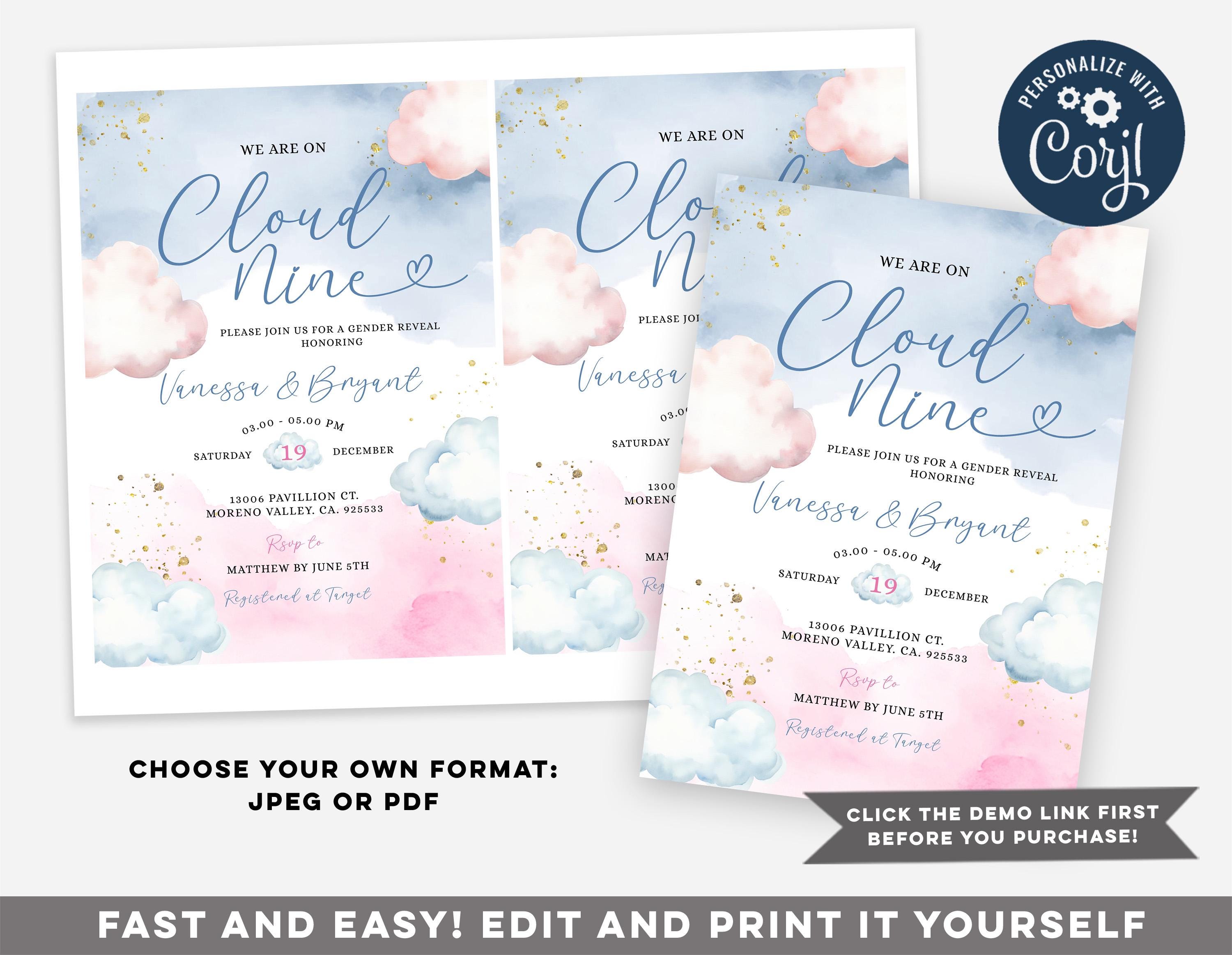 Editable Blue Pink Blush Cloud Gender Reveal Invitation, on Cloud Nine ...