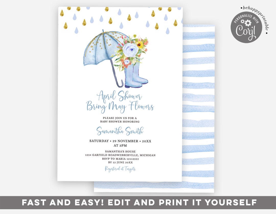 Editable Blue Umbrella April Showers Bring May Flowers Invitation ...