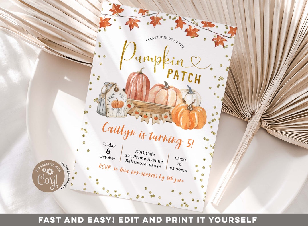 Editable Fall Pumpkin Patch Birthday Invitation, Maple Leaves Autumn ...