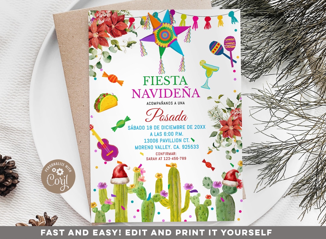 Editable Fiesta Mexicana Navidena Posada Invite, Spanish Feliz Navidad Colorful Christmas Party ...
