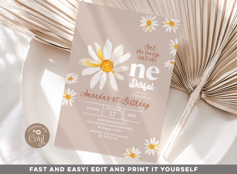 Editable BOHO Girl's 1st Birthday Daisy Invitation Isnt - Etsy