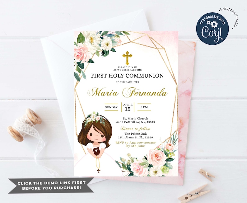 EDITABLE First Holy Communion Invitation Pink Flowers 1st - Etsy