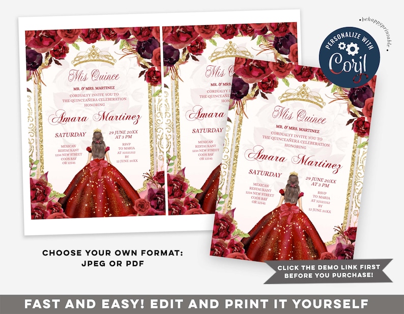 Editable Burgundy Mis Quince Invitation Floral Red Dress - Etsy