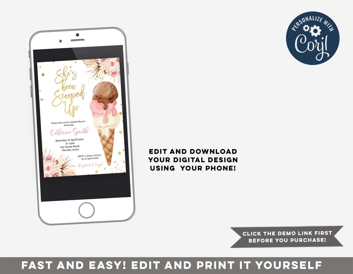 Editable Boho Ice Cream Bridal Shower Invitation Bohemian - Etsy