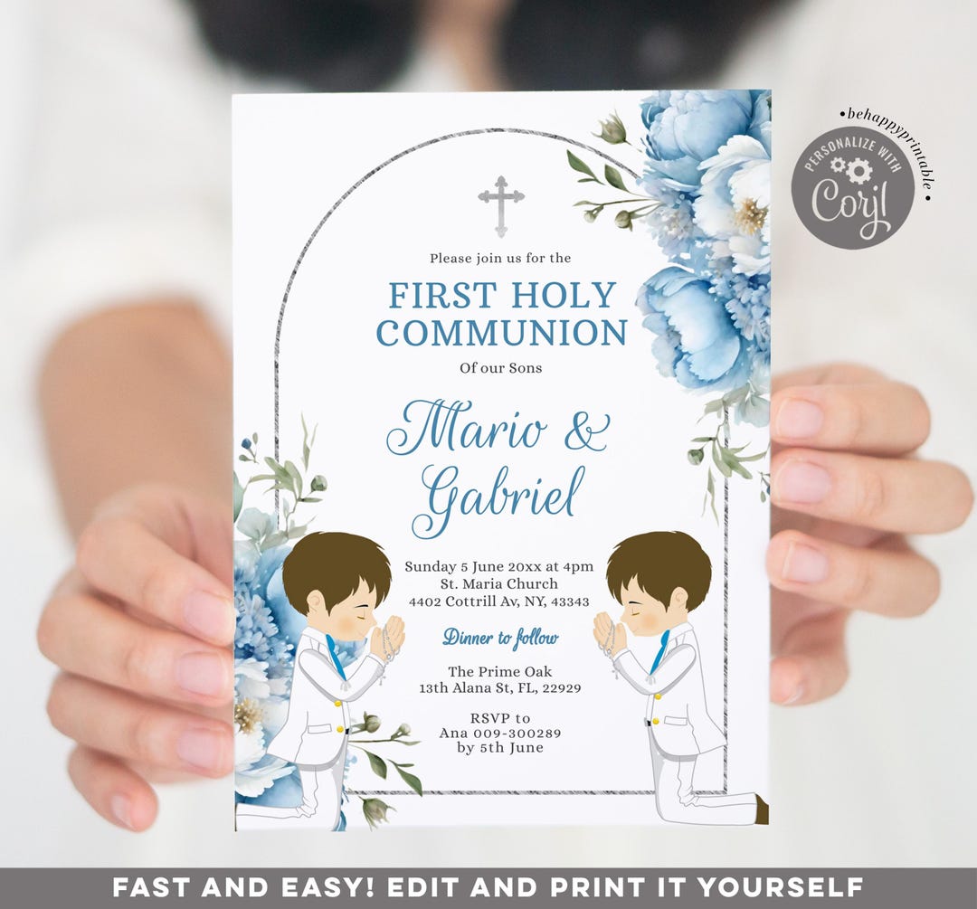 Editable Twin Boy First Holy Communion Invitation, White Dusty Blue ...