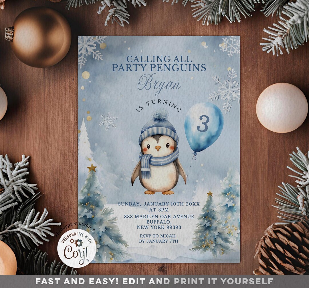 Editable Arctic Penguin Christmas 3rd Birthday Invite, Calling All ...