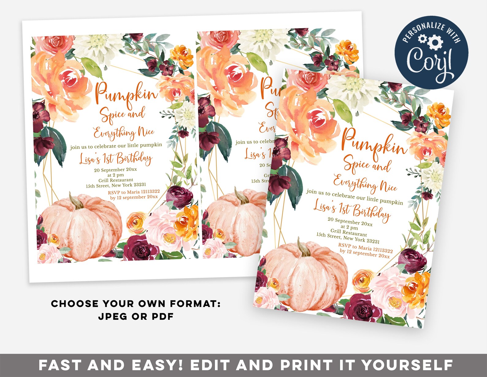 Editable Pumpkin Spice & Everything Nice Fall Invitation 1st - Etsy