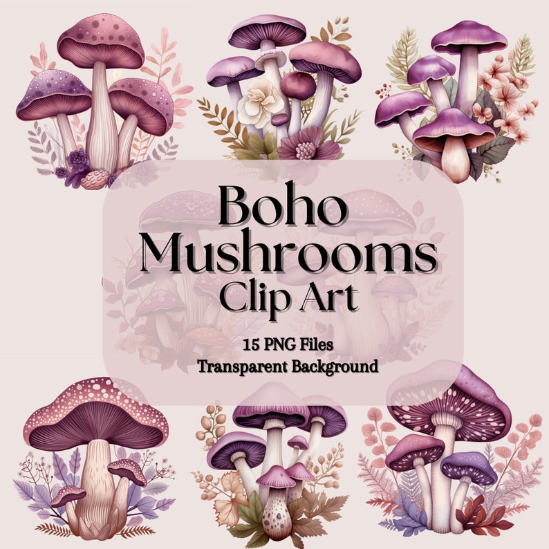 Boho Mushroom Clipart Wedding Clipart Mauve Boho Style - Etsy