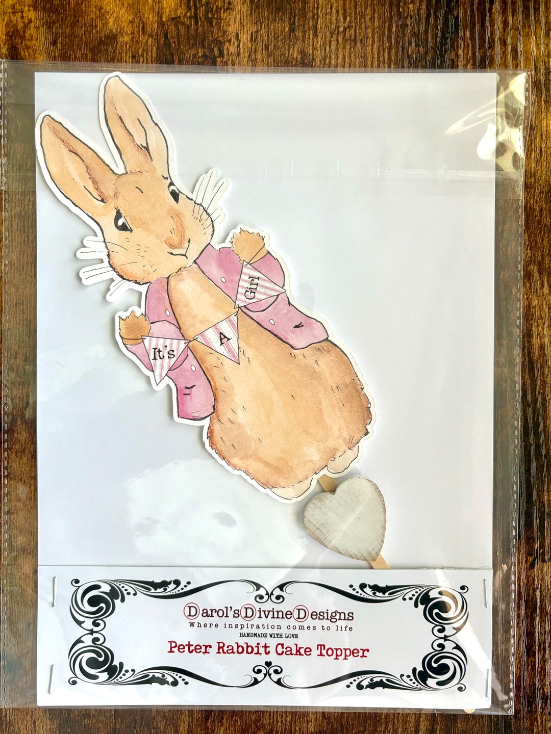 Peter Rabbit It's a Girl Cake Topper, GLITTER, Wood Heart, Baby Shower ...