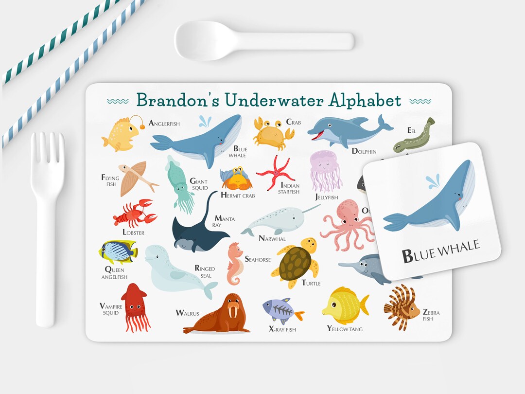 Personalised Underwater Alphabet Placemat and Coaster for Kids - Etsy