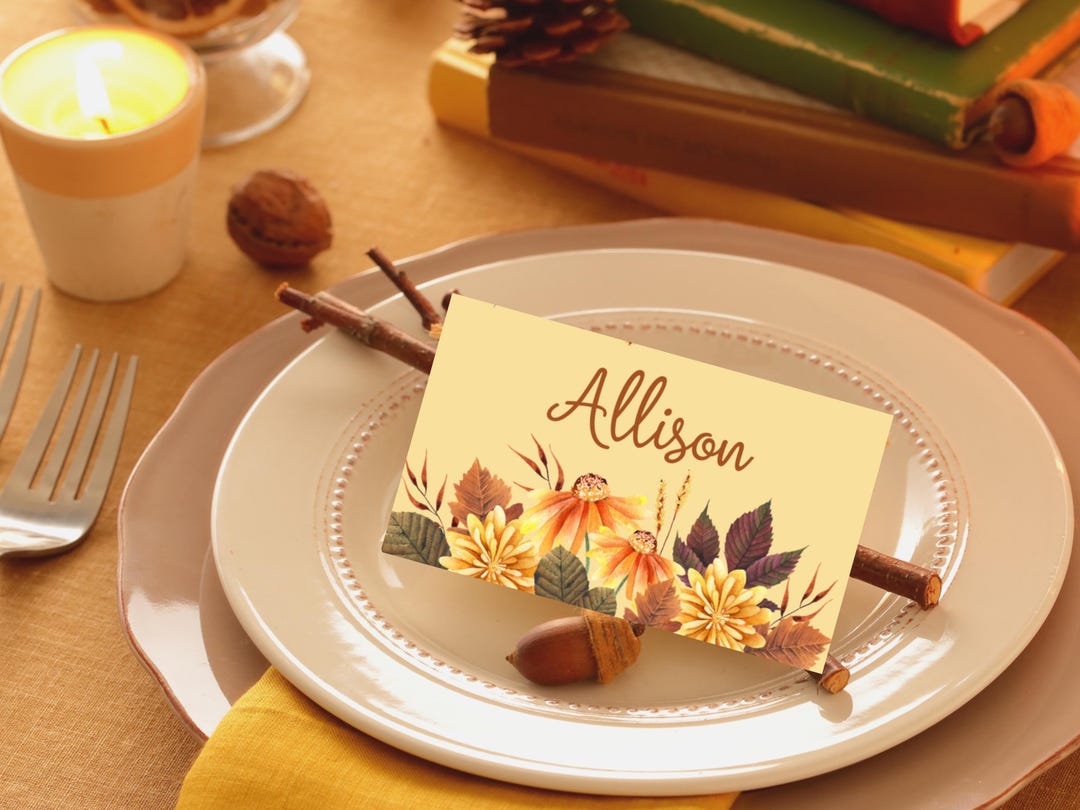 Thanksgiving Place Setting Cards Personalized With Flower Theme (canva ...