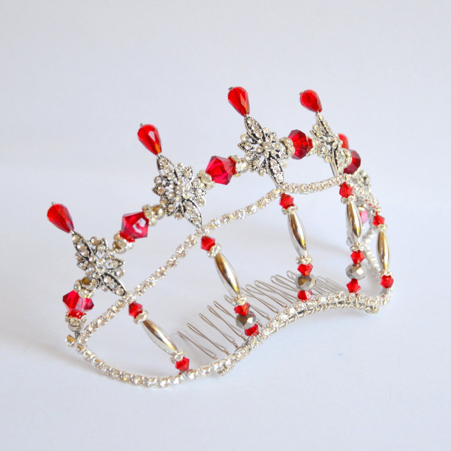 Red Silver Rhinestone Handmade Crystal Tiara, Bridal Tiara, Dancer ...