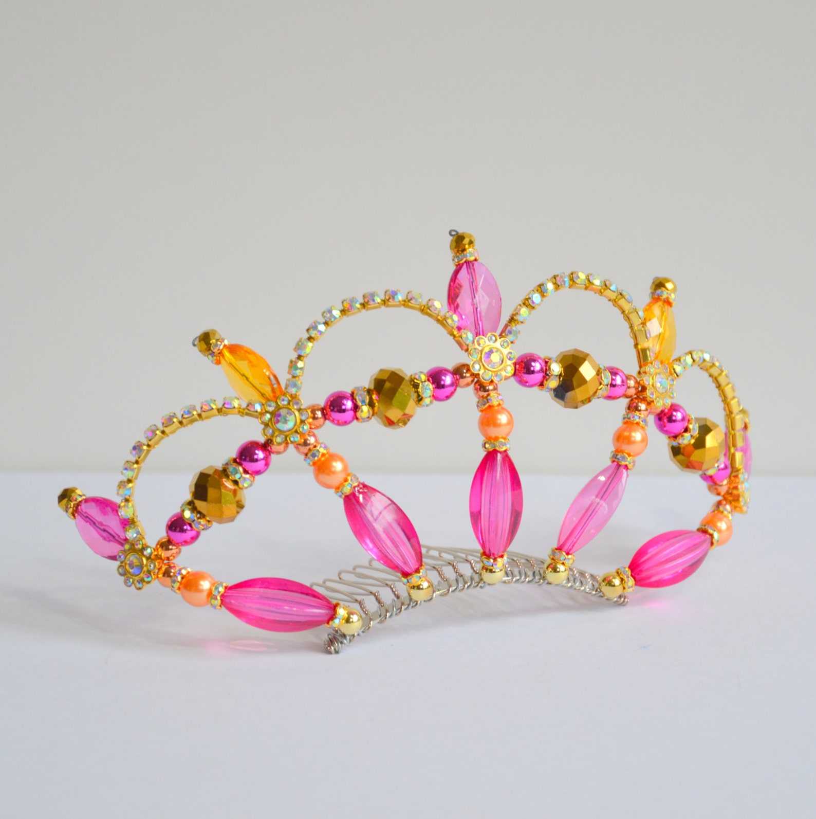 Pink Orange Gold Rhinestone Handmade Crystal Tiara, Bridal Tiara ...