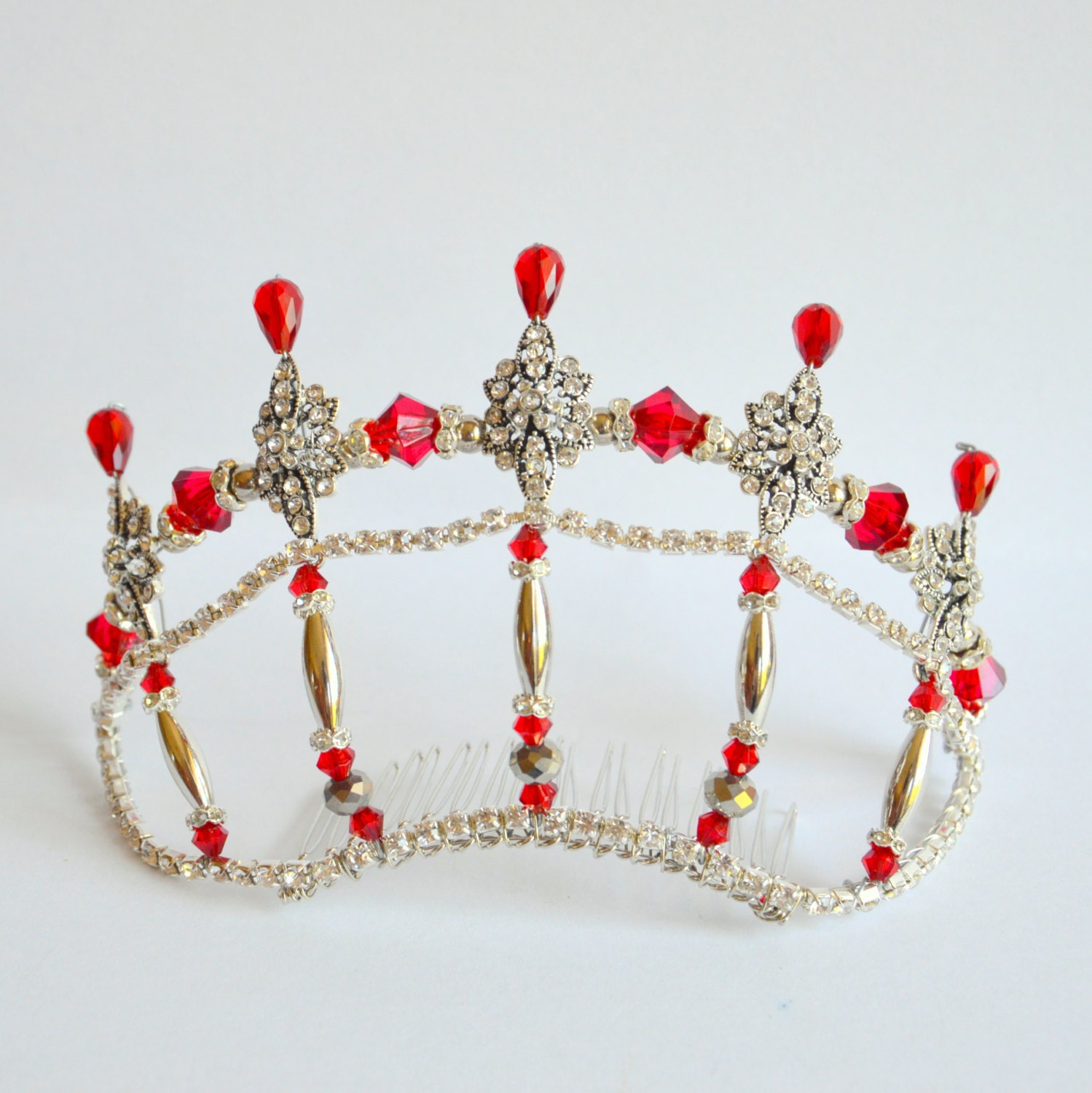 Red Silver Rhinestone Handmade Crystal Tiara Bridal Tiara - Etsy