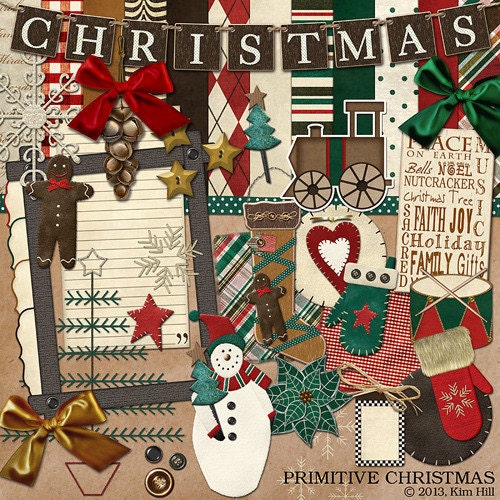 Christmas Digital Scrapbook Kit - "primitive Christmas" Digital Papers ...