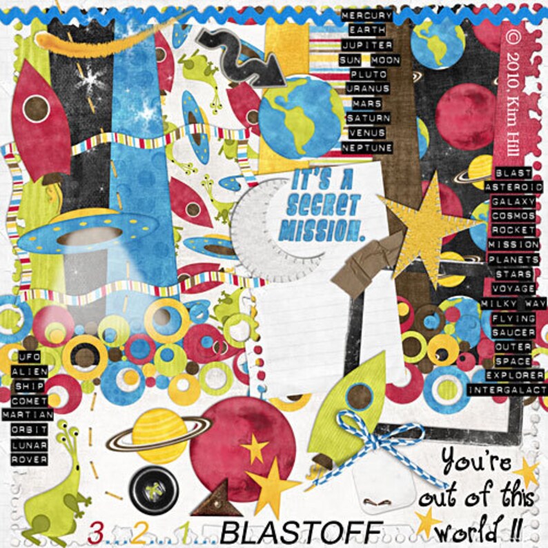 Space Digital Scrapbook Kit With Alien, Space Ship, Rocket Ship, Moon ...