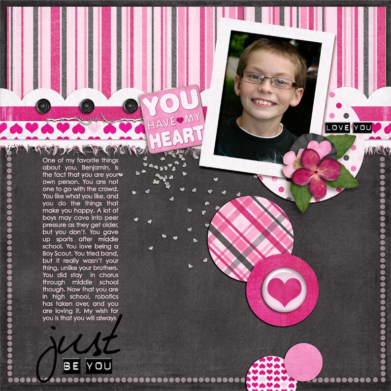 Valentine Digital Scrapbook Kit With Hearts, Rosettes, Flowers, Yarn ...