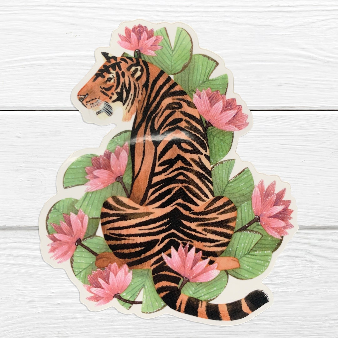 Tiger Sticker: Waterproof Vinyl Decal With Lilies - Etsy