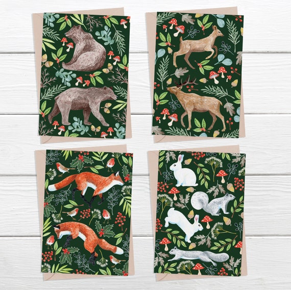 Woodland Christmas Cards Animal Cards Set Christmas Animals - Etsy