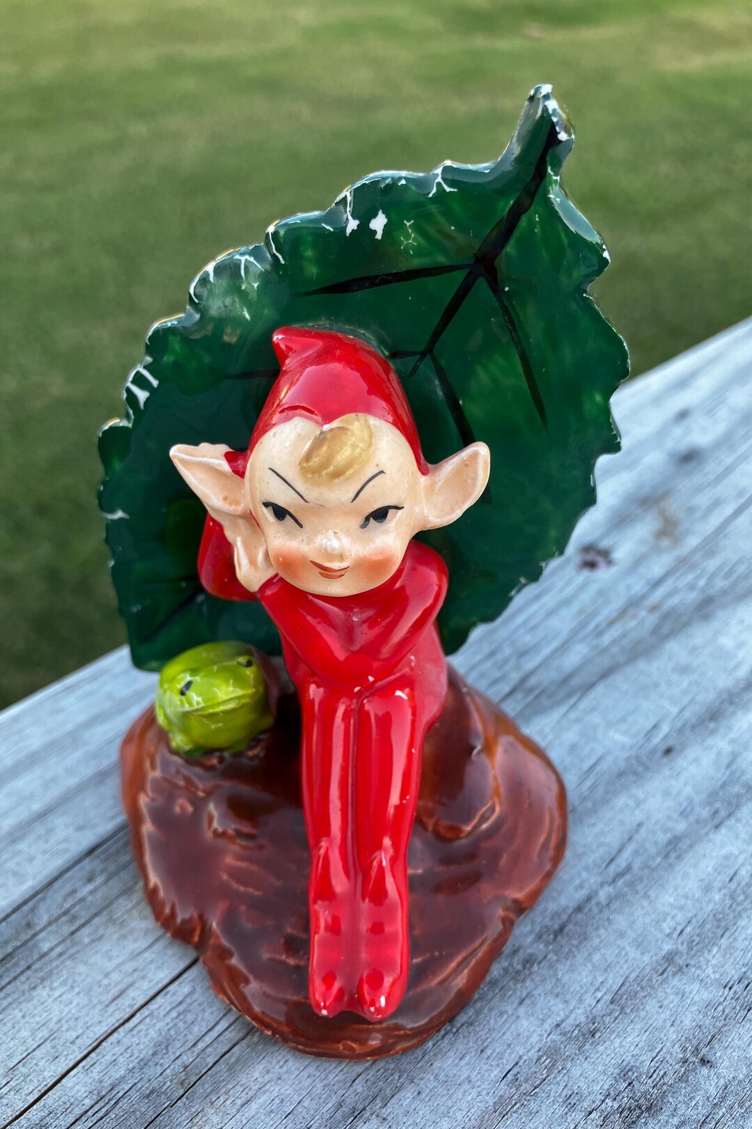 Lefton Exclusives Red Devilish Pixie Elf on Stone Against Leaf W/frog ...