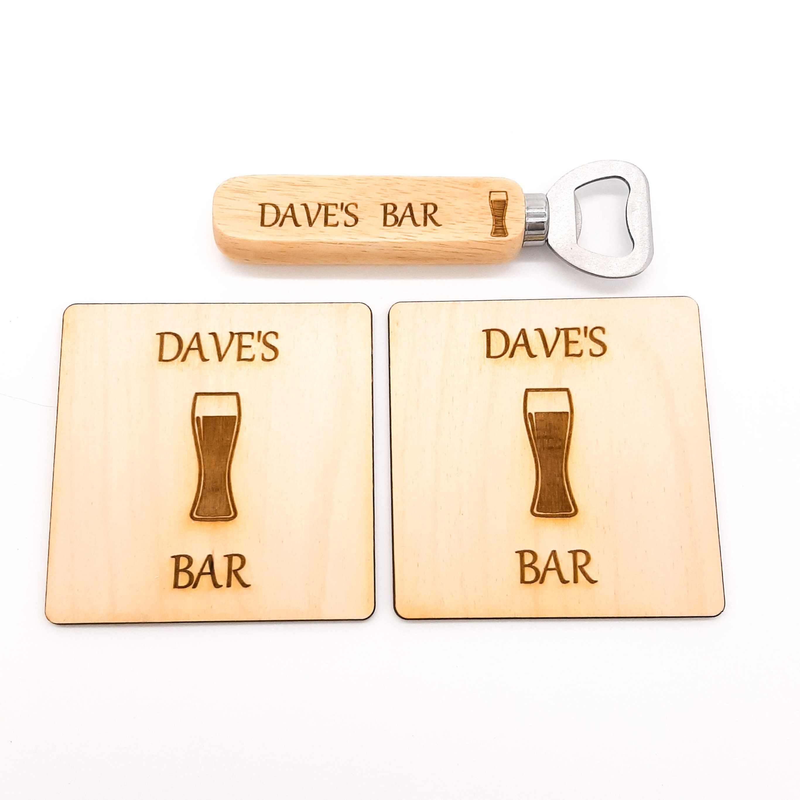 Personalised home bar wooden coasters & bottle opener gift set | Etsy