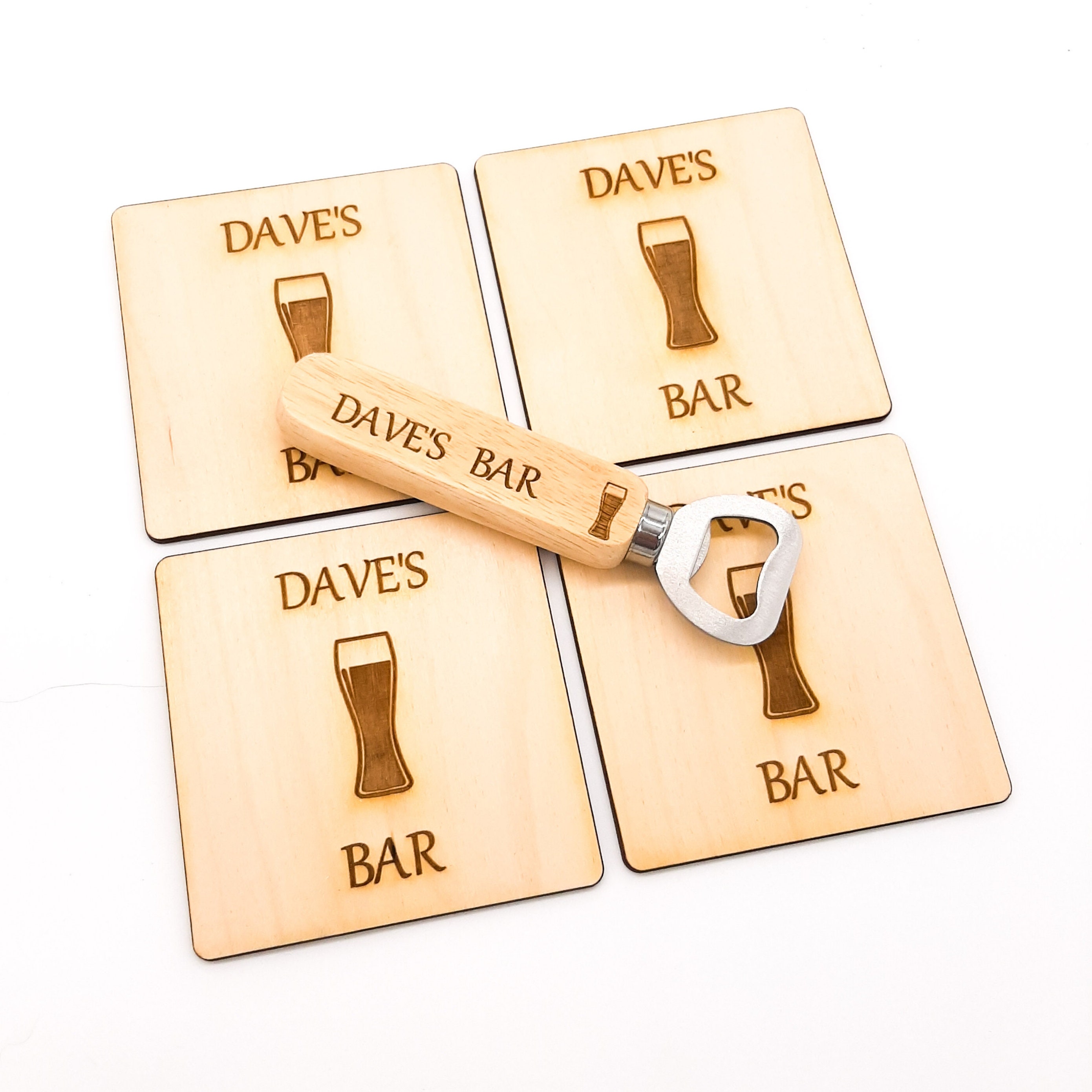 Personalised home bar wooden coasters & bottle opener gift set | Etsy