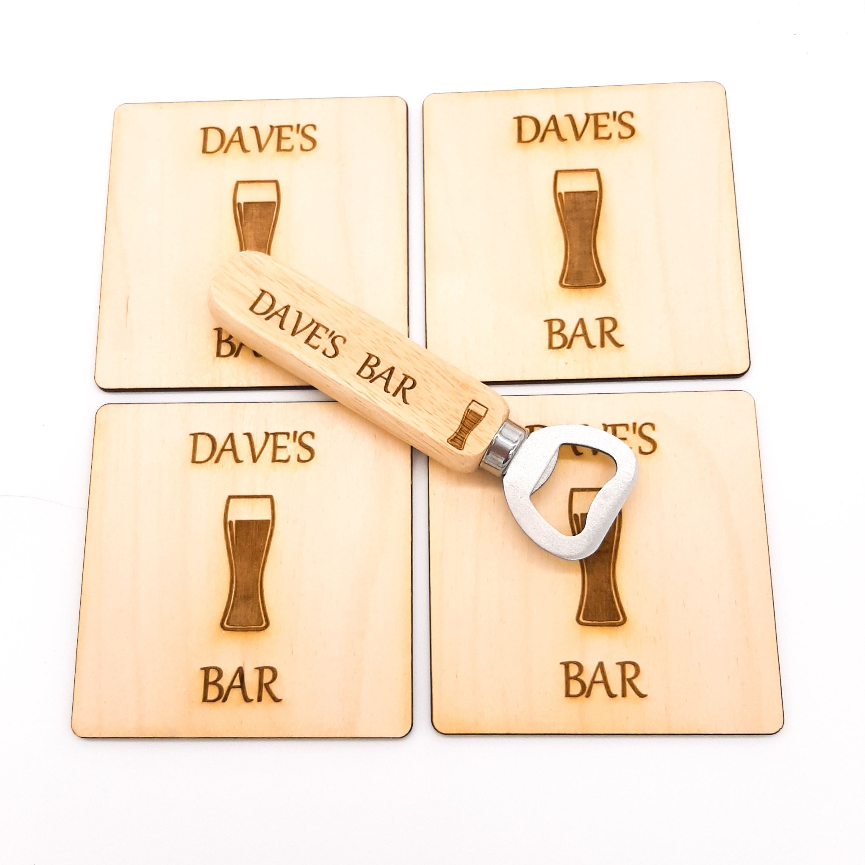 Personalised home bar wooden coasters & bottle opener gift set | Etsy