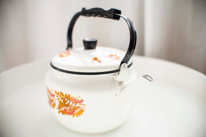 Vintage Enamel Tea Pot, Large Enamel Tea Kettle, Flower Design White ...