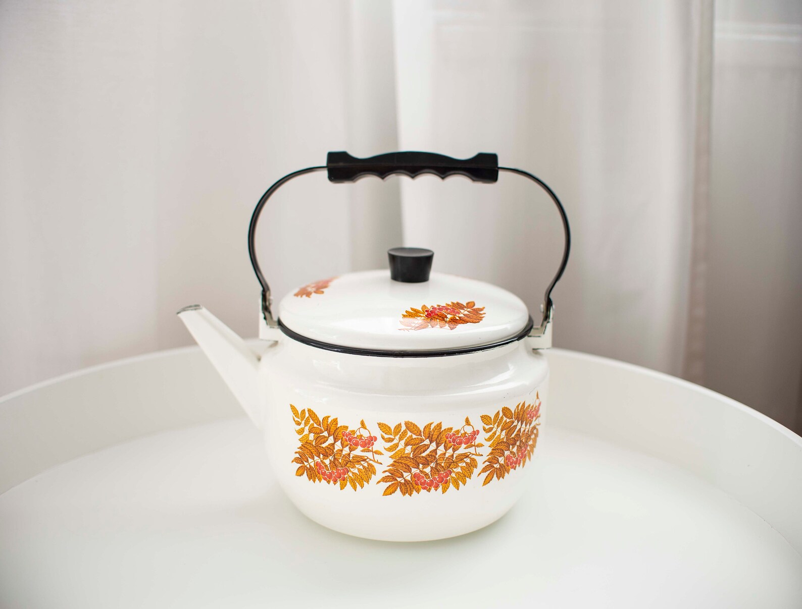 Vintage Enamel Tea Pot, Large Enamel Tea Kettle, Flower Design White ...