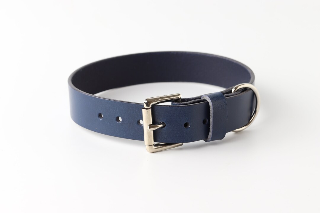 Blue Leather Dog Collar: Veg Tan Leather, Silver Buckle - Etsy