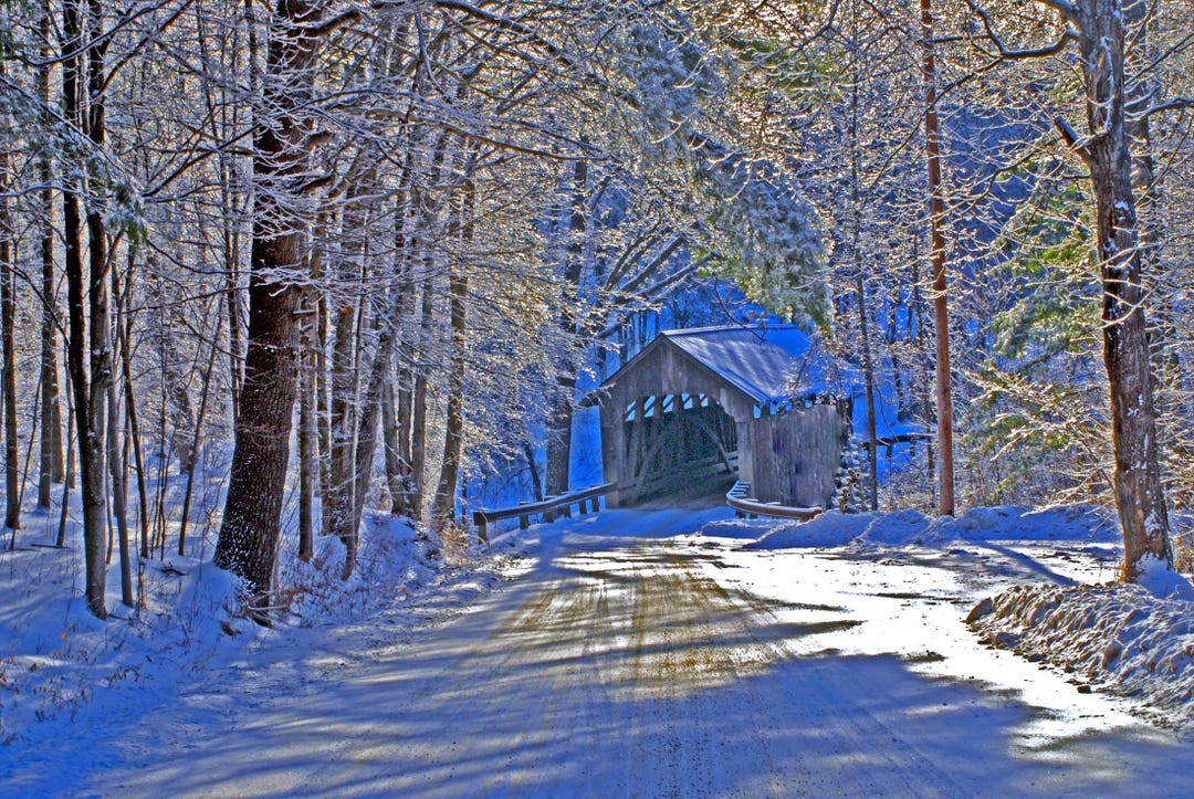 Vermont Winter Scenic, Covered Bridge in Winter, Charlotte VT, Roscoe ...