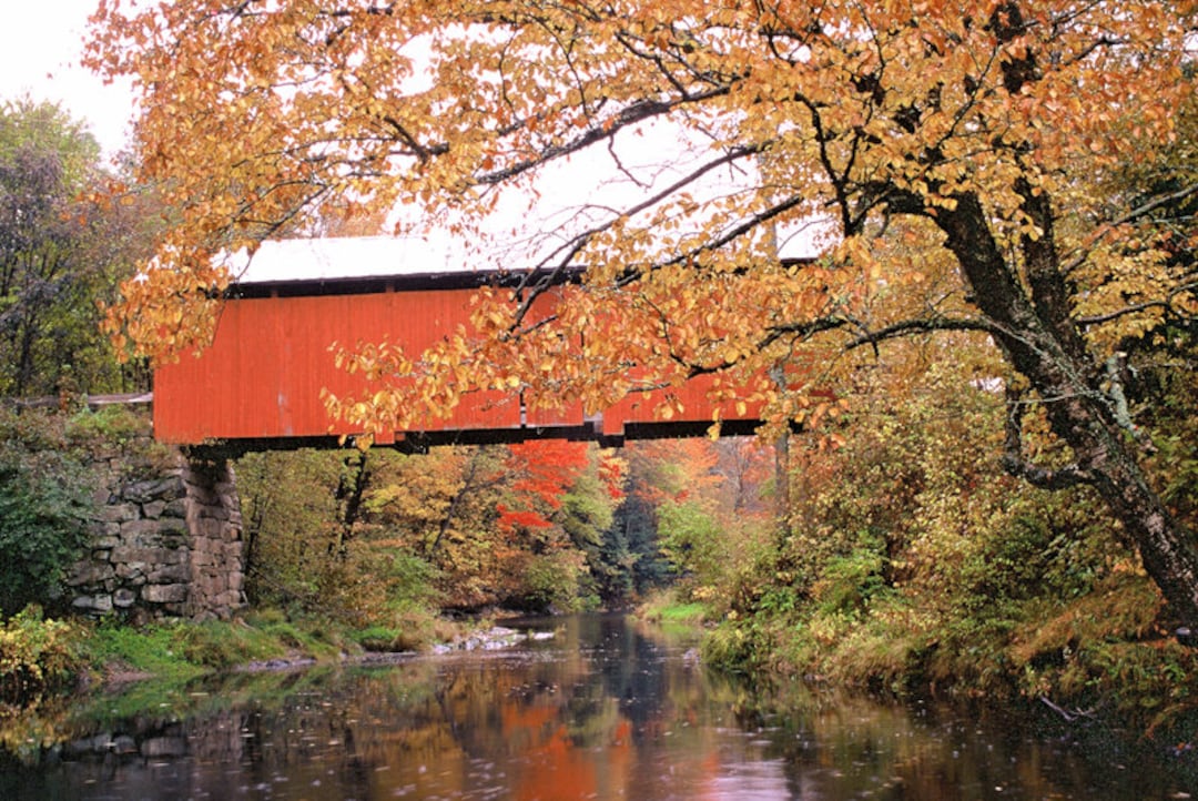Covered Bridge and Fall Foliage, Vermont Scenic, Vermont Covered Bridge ...