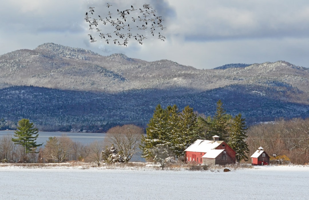 Addison VT, Lake Champlain, Champlain Valley. Adirondack Mts, Snow ...