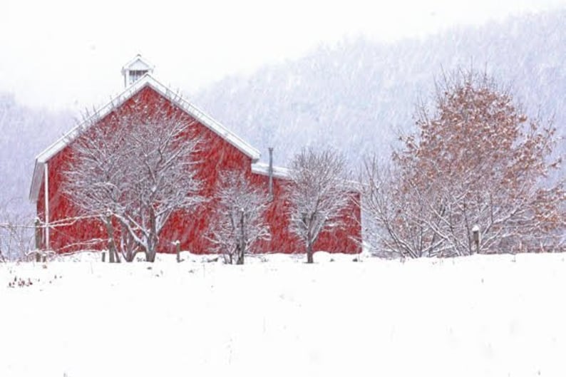 Vermont Winter Scenic, Farm Scene in Snow, Red Barn and Trees in Winter ...