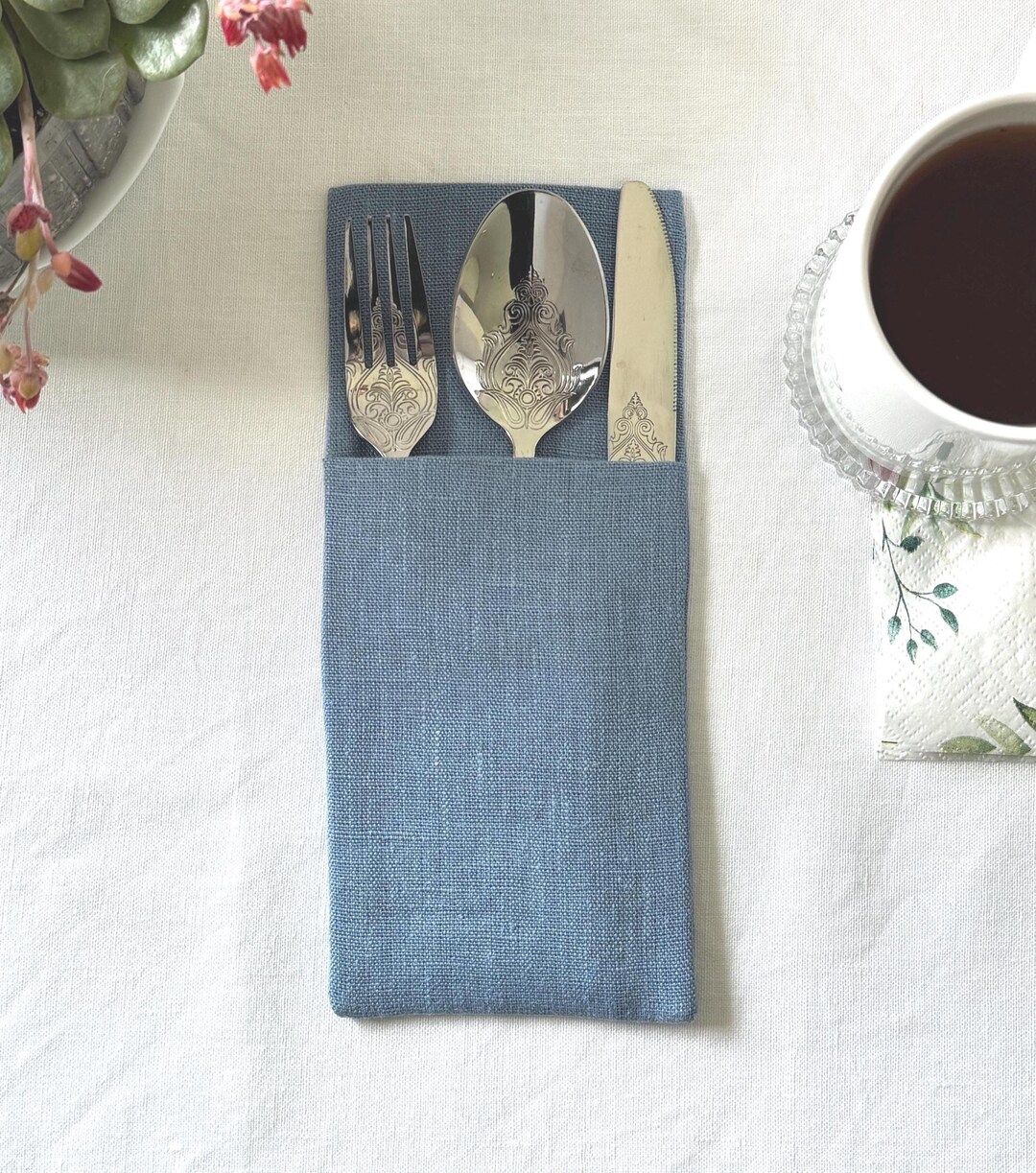 Linen Cutlery Case – Natural Linen Silverware Holder – Reusable Utensil ...
