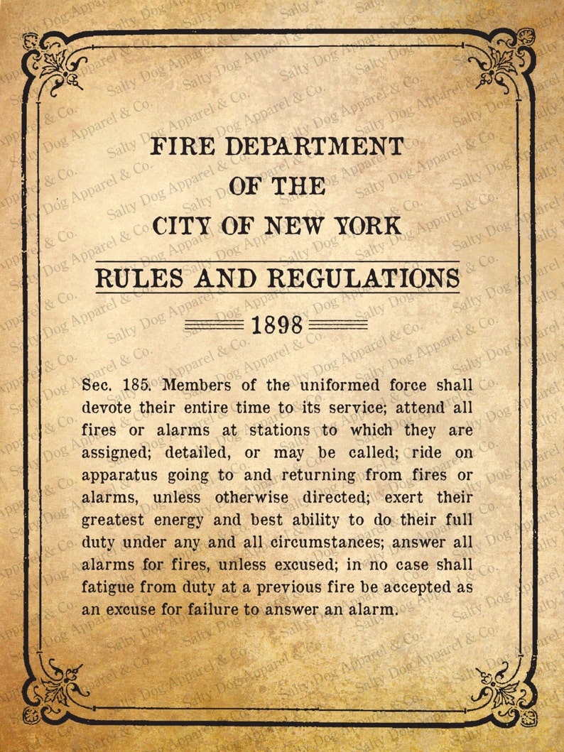 FDNY Firefighter 1898 NYC Regulations Print Artwork | Etsy