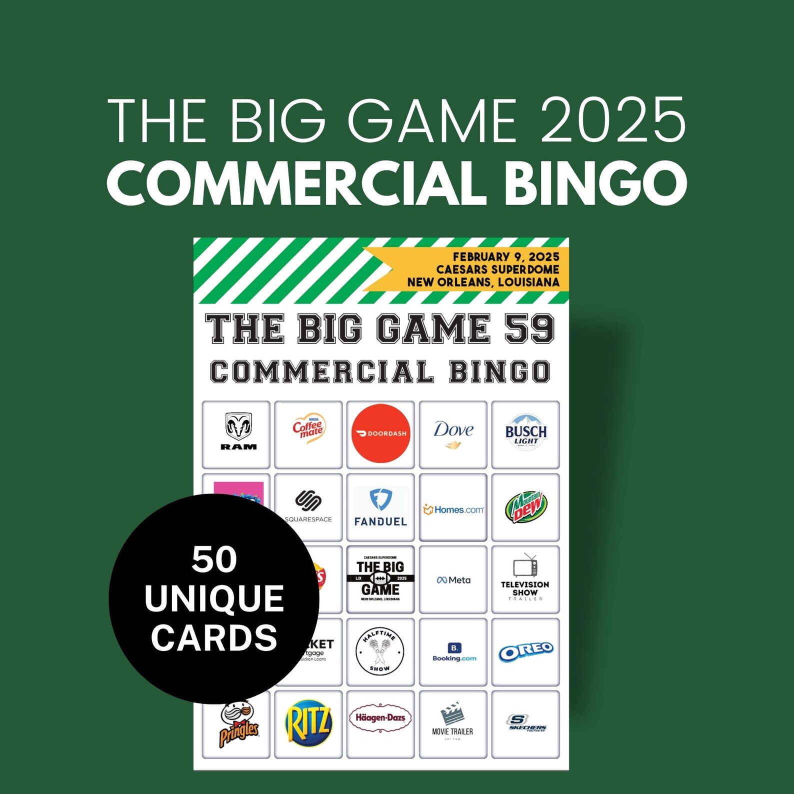 Big Game 2025 COMMERCIAL BINGO / 50 Cards - Etsy