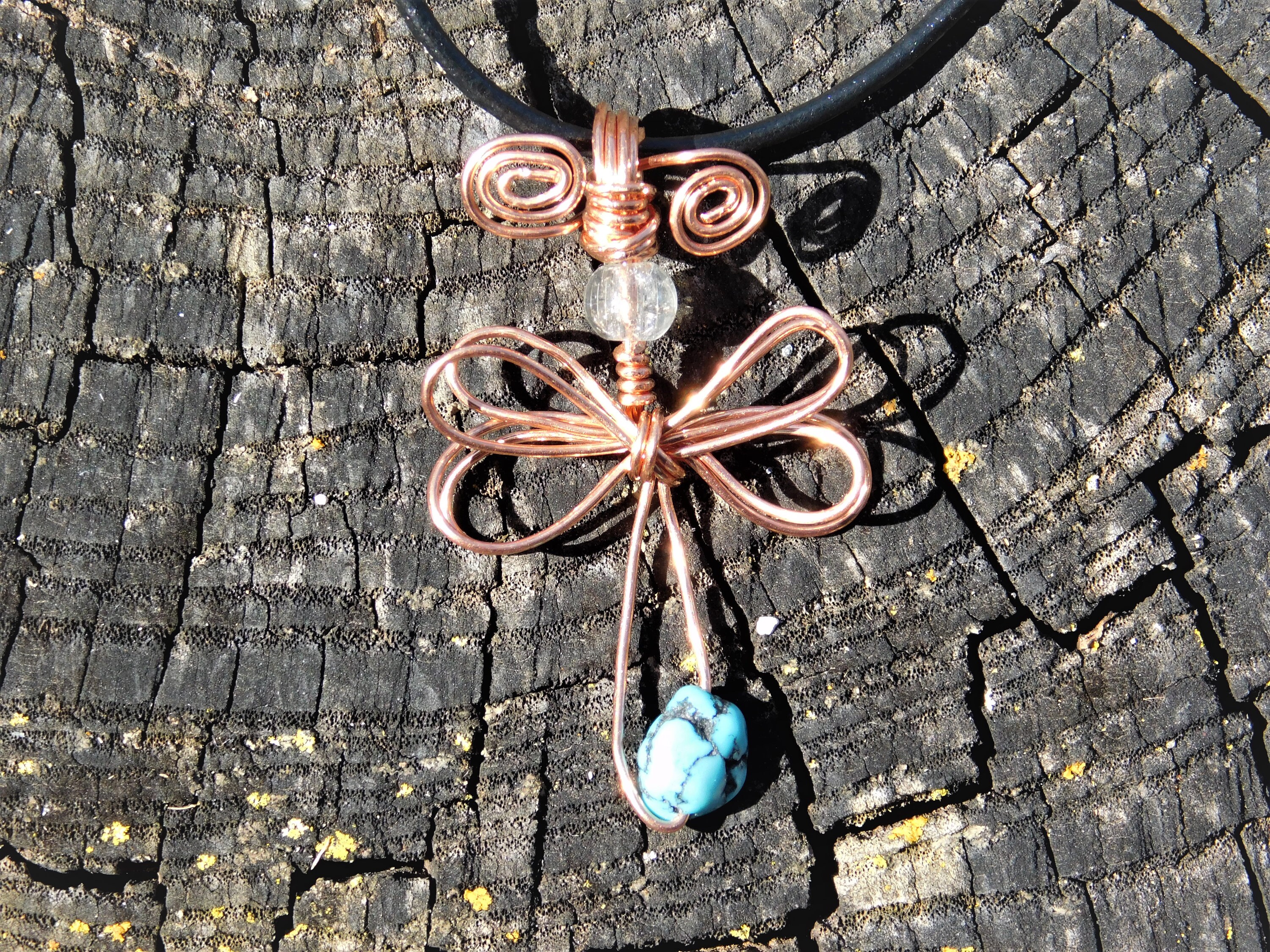 Whimsical Handmade Wire Wrapped Turquoise Dragonfly Pendant/ Necklace
