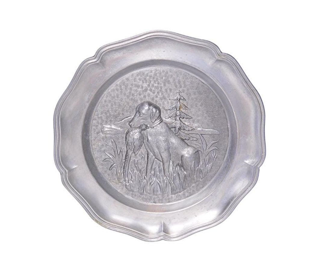 Vintage 1960s West Germany Hunting Dog Embossed Pewter Hanging Plate ...