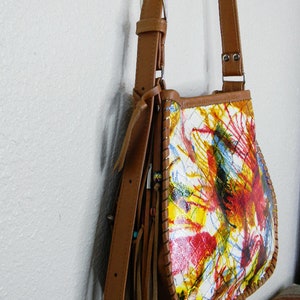 Bright Colorful Leather Shoulder Bag, Tan Small Sized Purse With Beaded ...