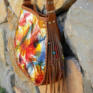 Bright Colorful Leather Shoulder Bag, Tan Small Sized Purse With Beaded ...