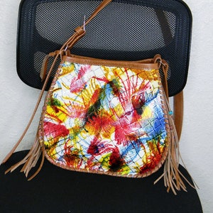 Bright Colorful Leather Shoulder Bag, Tan Small Sized Purse With Beaded ...
