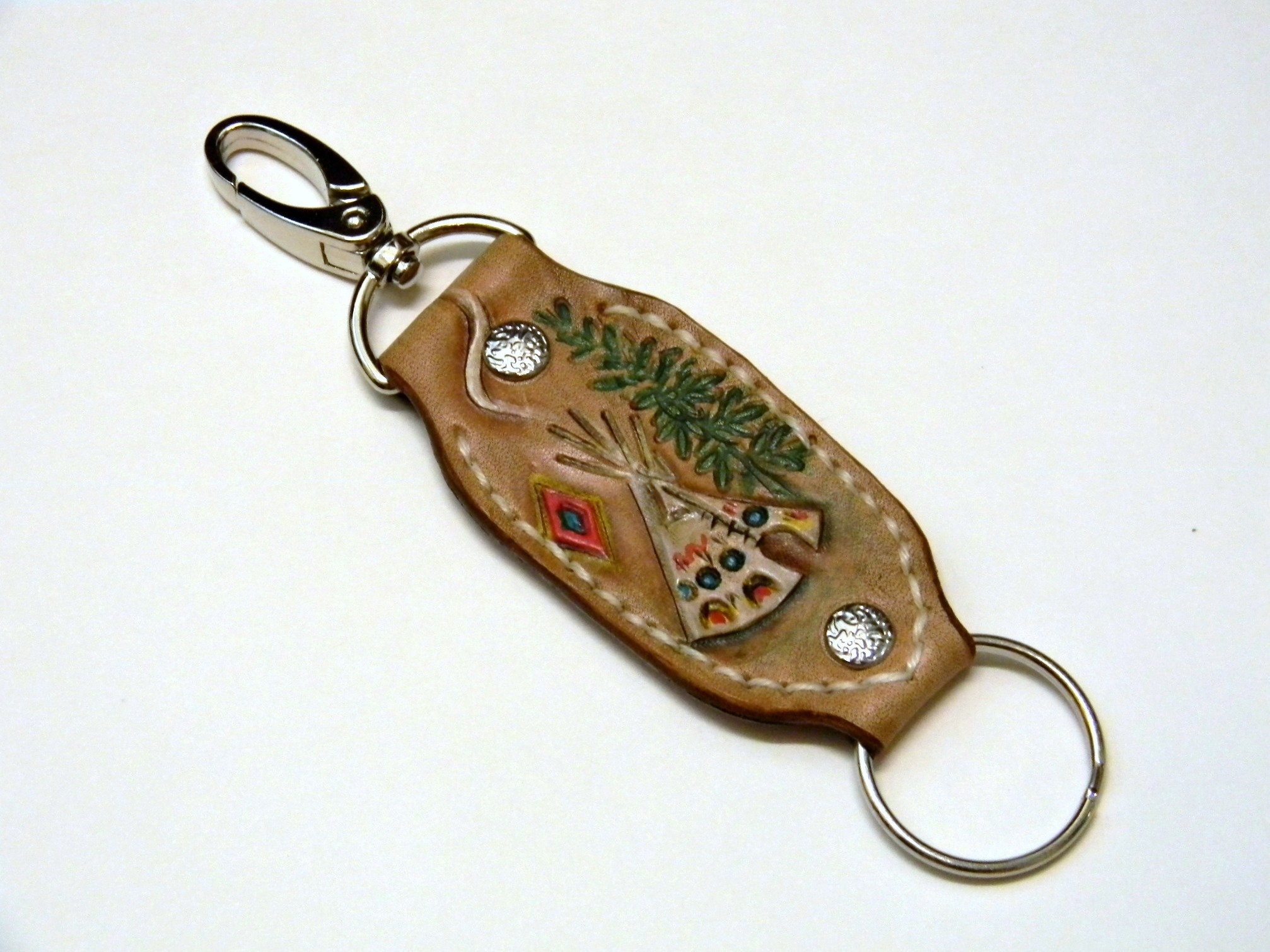 Hand Tooled Carved and Painted Leather Key Ring With Teepee & Pine ...