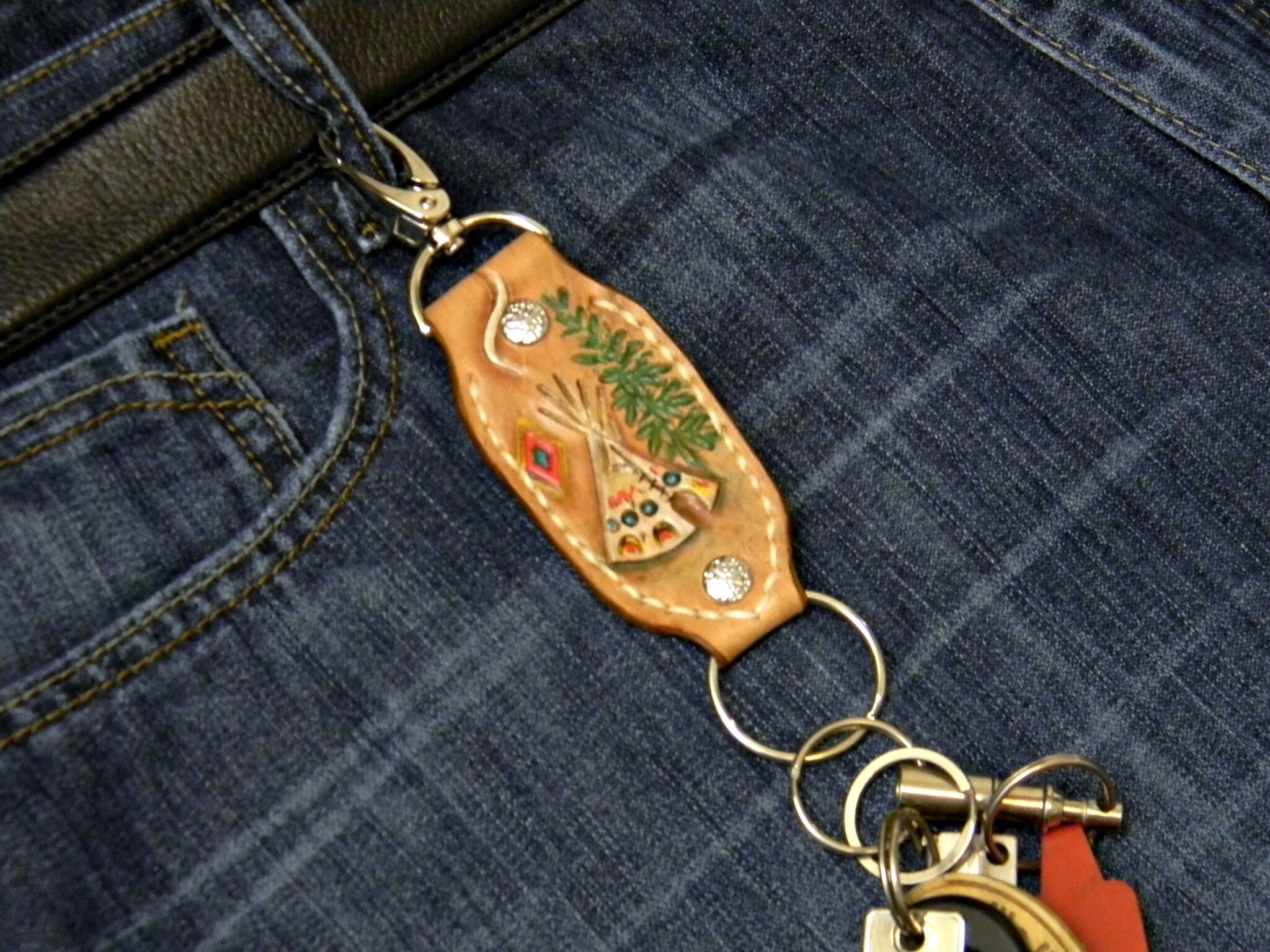 Hand Tooled Carved and Painted Leather Key Ring With Teepee & - Etsy