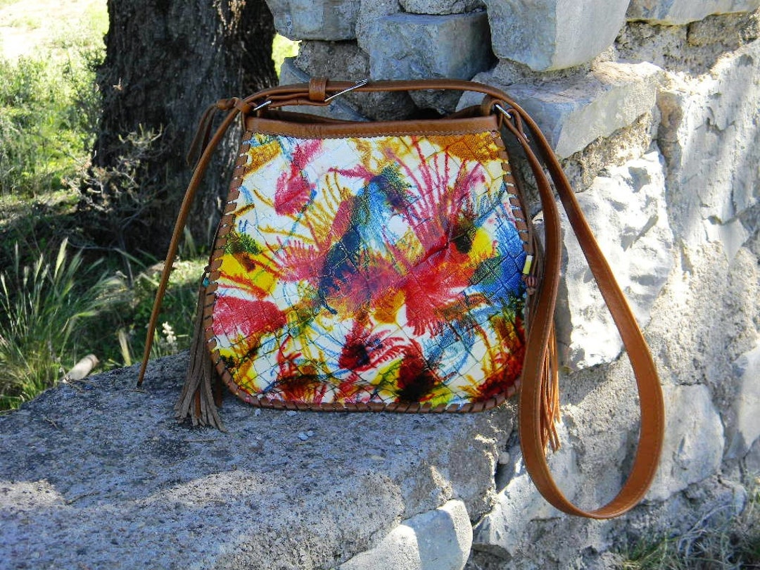 Bright Colorful Leather Shoulder Bag, Tan Small Sized Purse With Beaded ...