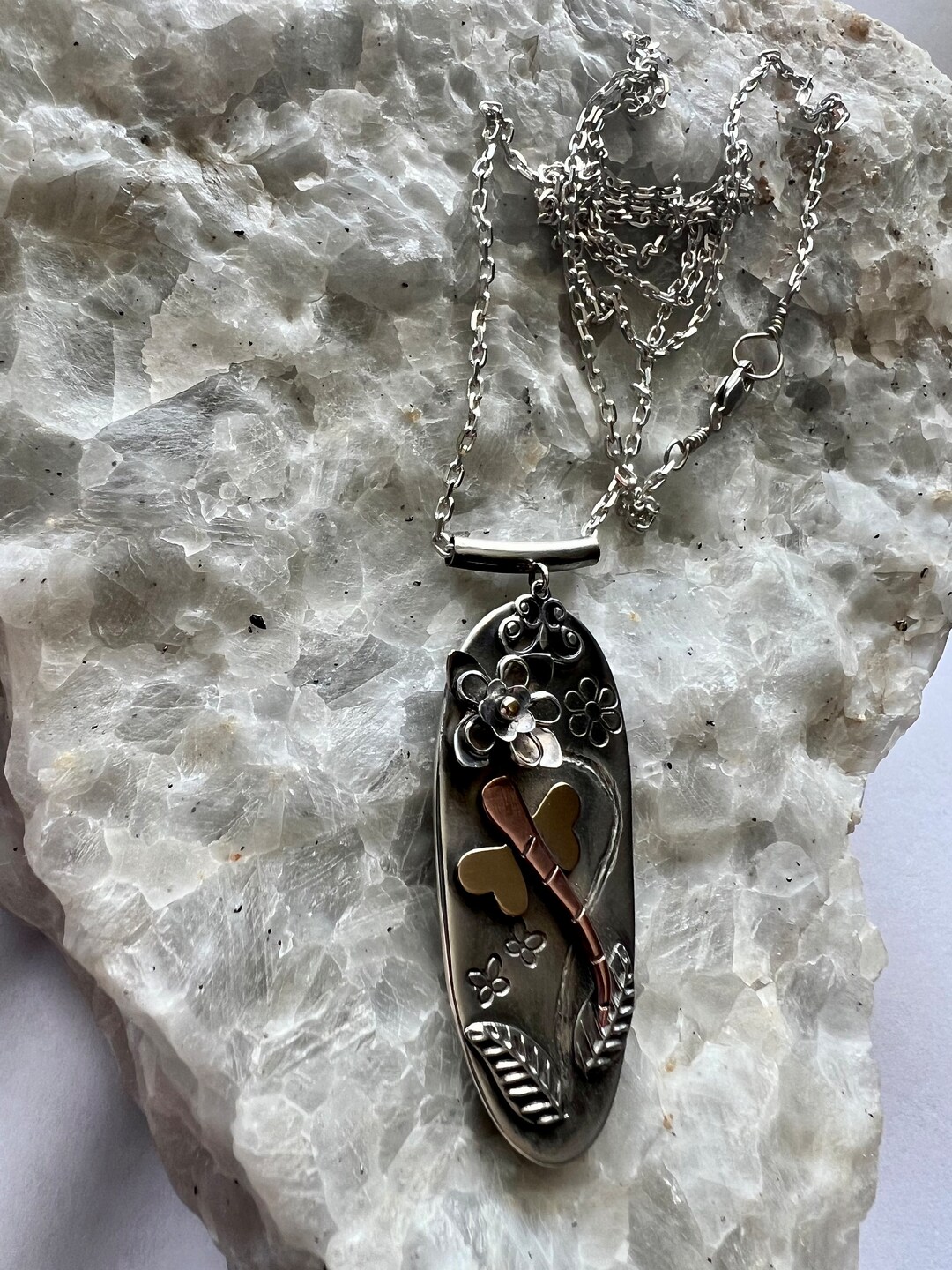 Earthy Pendant Necklace, Mixed Metal 3D With Flowers, Butterflies and ...
