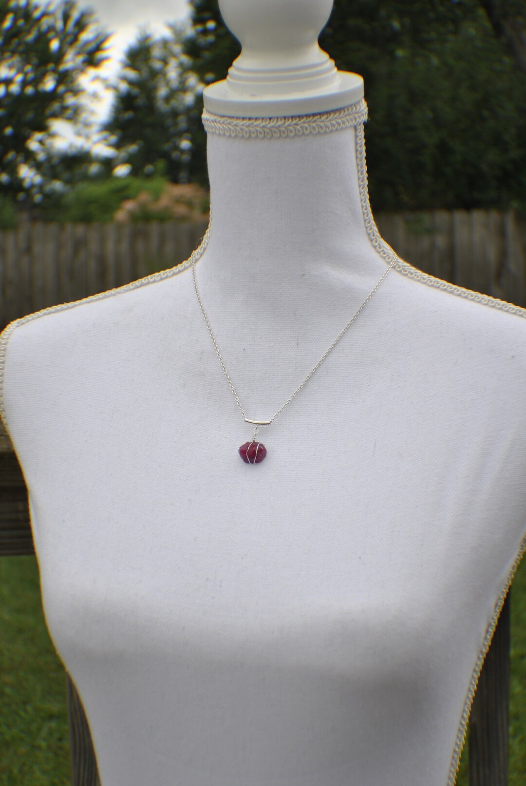 Raw Ruby in Sterling Silver Wire Wrap Cage, SS Slide Tube Bail, 18 Inch ...