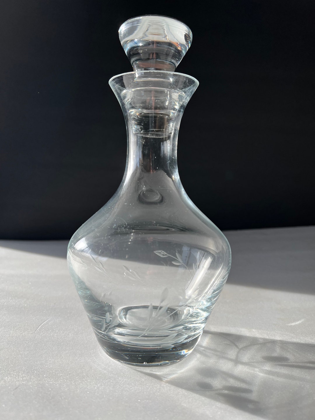 Vintage Clear Glass Decanter With Stopper, Etched Glass, Estate Item ...